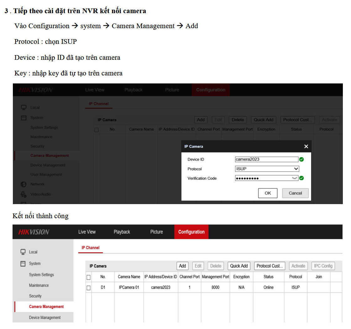Hướng dẫn kết nối camera IP Hikvision từ xa về NVR Hikvision bằng ISUP